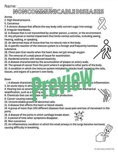 Noncommunicable Diseases Vocabulary Crossword, Wordsearch, Quiz, Spelling