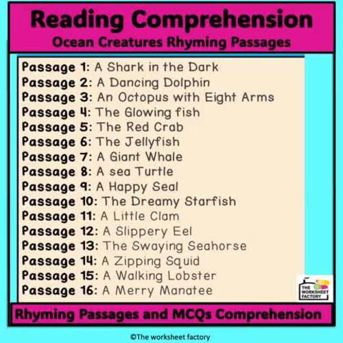 Ocean Animals Rhyming Reading Passages for Comprehension and Fluency ...