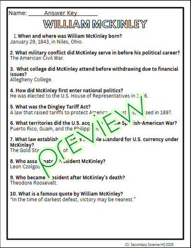 William McKinley US President Study Guide & Worksheet Coloring and ...