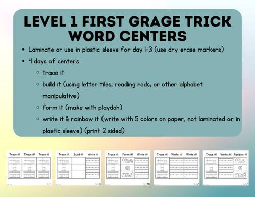 Level 1 First Grade Trick Word Centers (Trace it, Build it, Form it ...