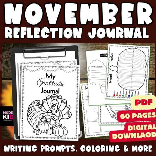 November Gratitude Journal - Prompt Writing, Coloring page, Mood ...