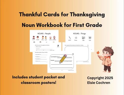 Thanksgiving Noun Cards, Writing and Drawing Workbook for First Grade