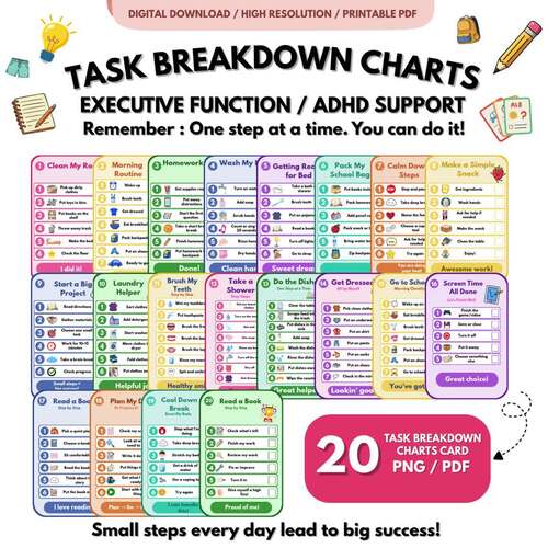 Executive Function Task Breakdown Charts for Kids ADHD Visual Checklist ...