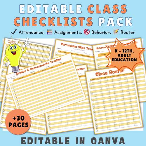 Editable Class Checklists Pack | Roster, Attendance, Grades & More 36 ...