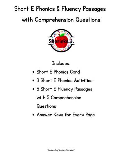 Short E Phonics & Fluency Passages with Comprehension Questions by ...