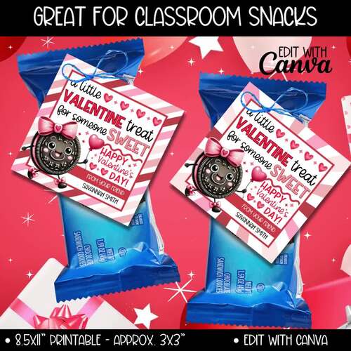 Valentine's Day Cookie Card, Valentine Treat Tags, Class Gift from Teacher