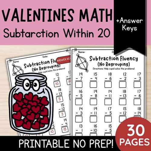 Valentine's Day 2-Digit Subtraction Within 20 No Regrouping | 1st & 2nd ...