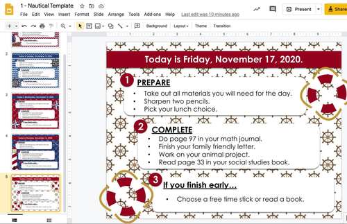 Editable Morning Work Presentation Google Slides PPT Templates | Nautical