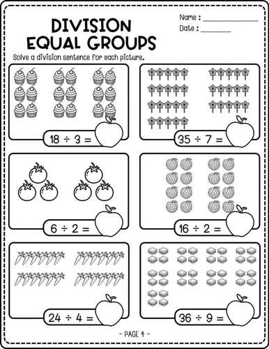 Division Worksheets with Equal Groups & Arrays | Grade 2–3 Food-Themed ...