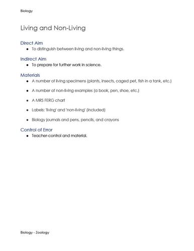 Living Nonliving Lesson Plans Montessori Zoology Manual Resources