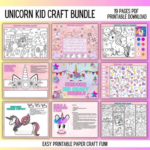 Unicorn Kid Craft Printable Bundle, Unicorn Activity page, Unicorn ...