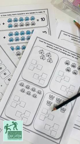 Maths centers 1 - 10 Number Bonds monster themed printable worksheets