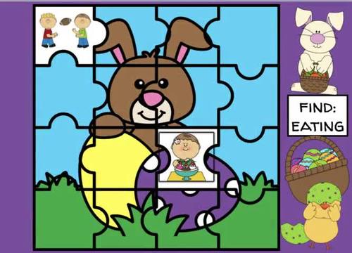 Easter Puzzle Reveal: Actions | Boom Cards™ by Quiet Voices Loud Minds SLP