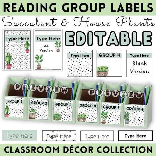 Editable Reading Group Box Labels | Succulent & House Plant Classroom Décor