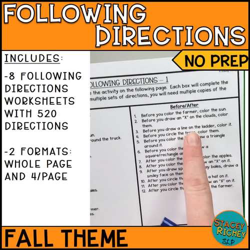 Fall Following Directions Speech Therapy Activity and Worksheets