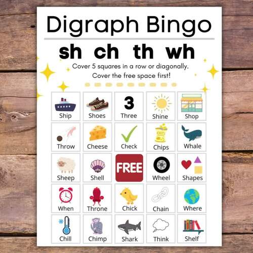 Digraph Bingo Game with Wh Sh Th and Ch Phonics Words 6 Player Cards