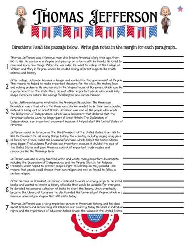 Thomas Jefferson Reading, Writing, Multiple Choice Multi-level ...