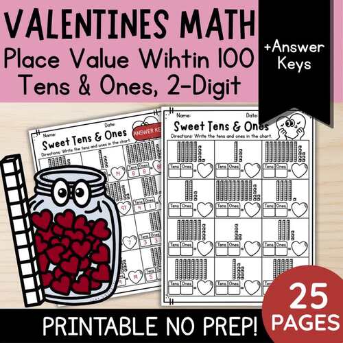 Valentine's Day Math: Place Value Tens & Ones Within 100 | 1st & 2nd Grade