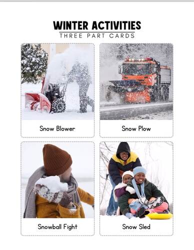 Winter Activities, Nomenclature, 3 Part Cards, Montessori, Vocabulary Cards
