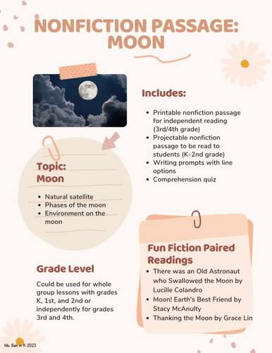 The Moon (Nonfiction Passage, Writing Prompts, & Comprehension Check)