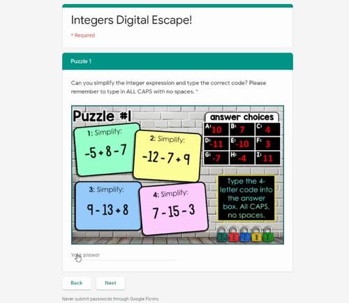 Adding and Subtracting Integers Digital Math Escape Room Activity