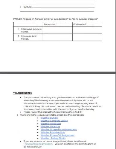 La Météo - French Weather Anticipation Guide / Pre-Unit Cultural ...