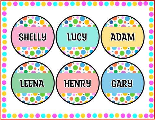 Printable Polka Dots Student Name Labels, Bright and Colorful Round ...