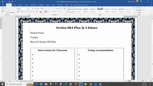 Section 504 Plan At a Glance- Excellent for Sub Folders or personal use