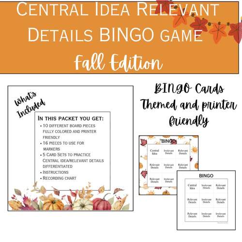 Main Central Idea Bingo Game Activity w/ Summary Practice Fall Thanksgiving