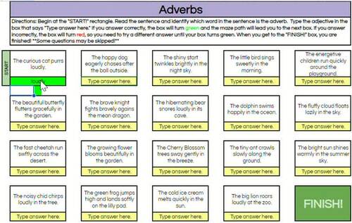 Digital Self Checking Maze Activity: Identifying Adverbs (Google Sheets)