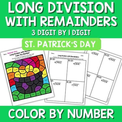 St Patricks Day Long Division with Remainders Color by Number Activity ...