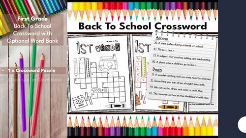 Back To School Crossword Puzzle for 1st Grade with Optional Word Bank