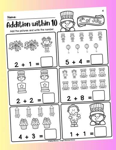 4th of July Picture Addition Worksheets within 10 Patriotic Math for K ...