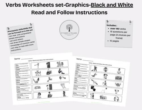 Verbs-Reads and Follows Directions Worksheets (ABLLS-R aligned) | TPT