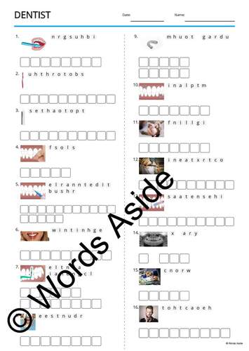 Vocabulary Puzzle Writing Worksheets Crossword Word Search Anagram DENTIST