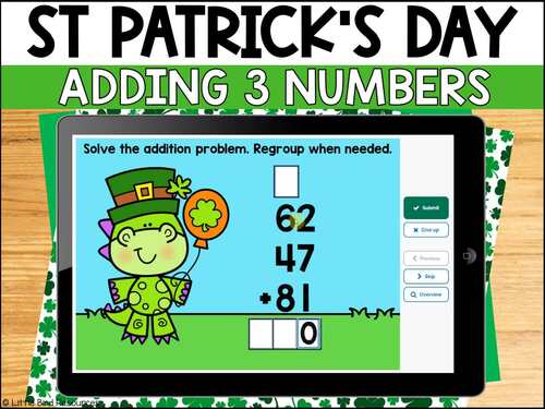St Patricks Day Adding 3 Two Digit Numbers with Regrouping Three Addend ...