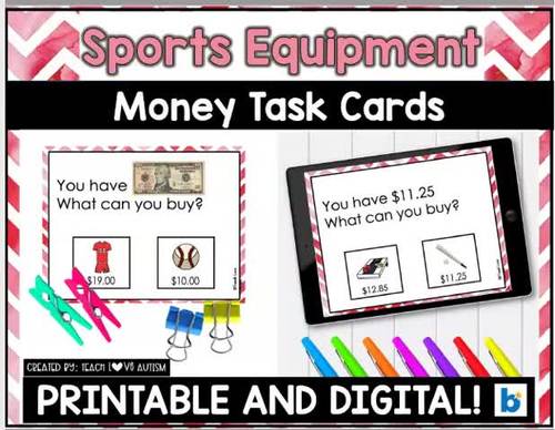 Counting Money Task Card Activities: Sports Equipment by Teach Love Autism