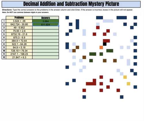 Decimal Addition and Subtraction Christmas Math Pixel Art Digital Activity