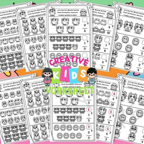Addition Monsters within 10 Math, Ten Frame Addition Monsters Worksheets