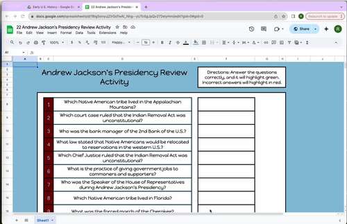President Andrew Jackson Interactive Google Sheets Digital Game Activity