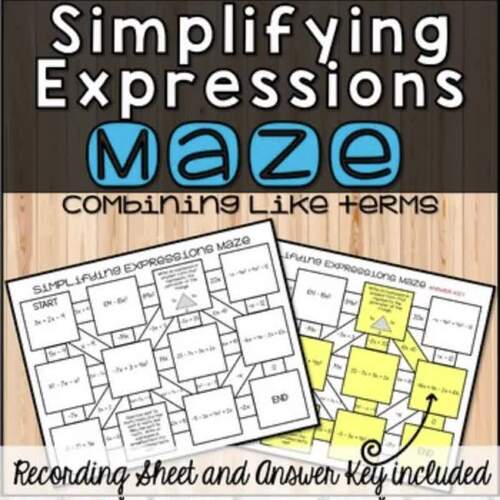 No Prep Simplifying Expressions Combining Like Terms Maze | TPT