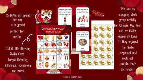 Chinese New Year Bingo Riddles Game. Chinese New Year Party Activities.