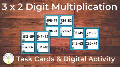Math 3 by 2 Digit Multiplication Write the Room Task Cards for Summer