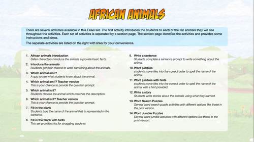 African Animals Vocabulary Spelling words and Lettering activities bundle