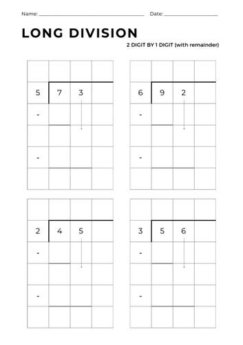 2-digit by 1-digit LONG DIVISION (with remainder) with GRID support ...