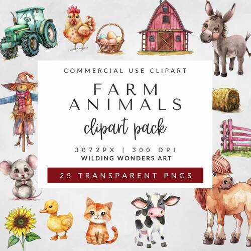 Watercolor Farm Animals Clipart for Classroom Activities, Worksheets ...