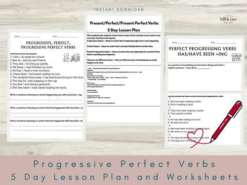 Perfect Progressive Verbs 5 Day Lesson Plans and Worksheet Bundle