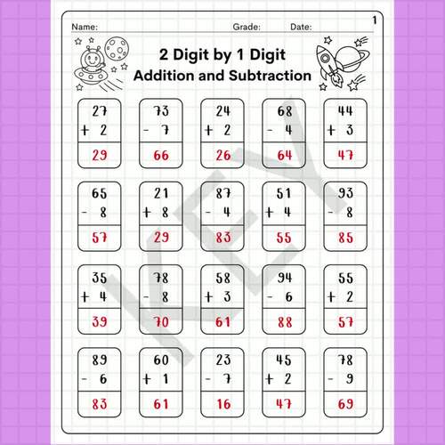 2 and 1 Digit Addition and Subtraction Worksheets | With-Without Regrouping