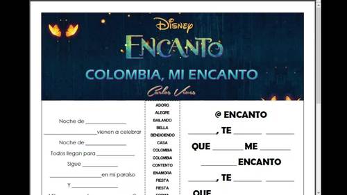 Carlos Vives - "Colombia, Mi Encanto'' Cloze Song Sheet *with VIDEO W ...