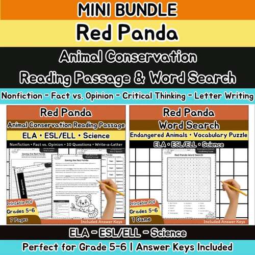 Red Panda Mini Bundle | Reading Passage & Word Search | Grades 5-6